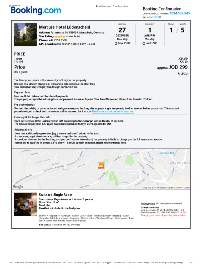 Booking Confirmation for Mercure Hotel | PDF | Payments | Credit Card