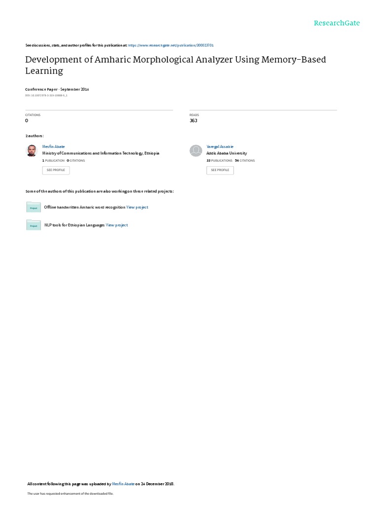 Development of Amharic Morphological Analyzer Using Memory-Based Learning | PDF | Morphology ...