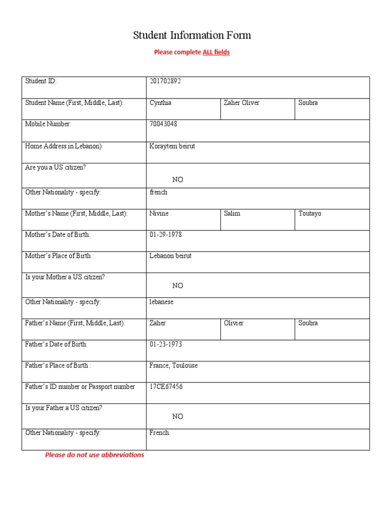 Student Information Form: Please Complete ALL Fields | PDF