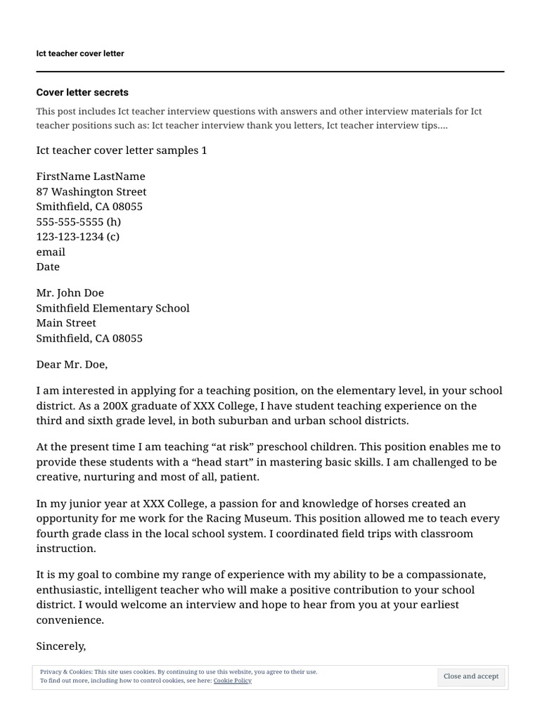 ICT Teacher Cover Letter Guide | PDF | Educational Technology ...
