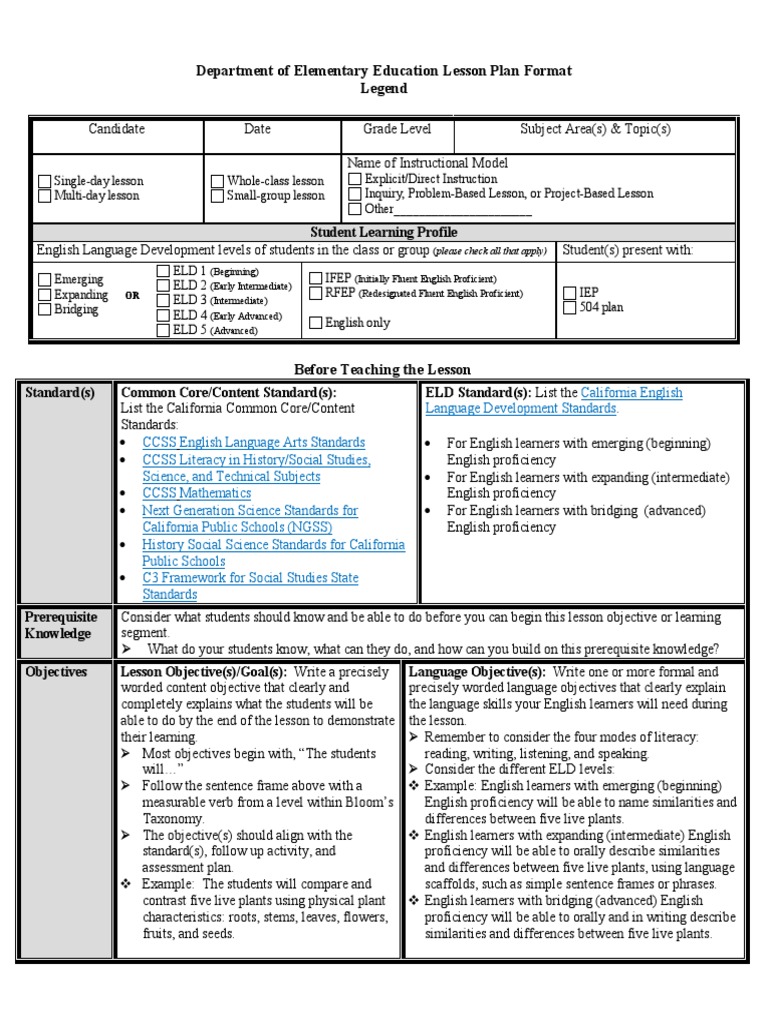 Department of Elementary Education Lesson Plan Format Legend | PDF ...