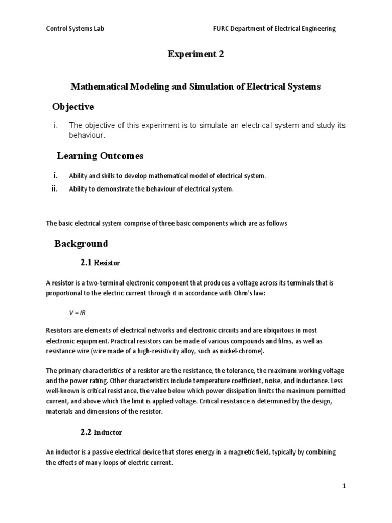Experiment 2 Mathematical Modeling and Simulation of Electrical Systems ...