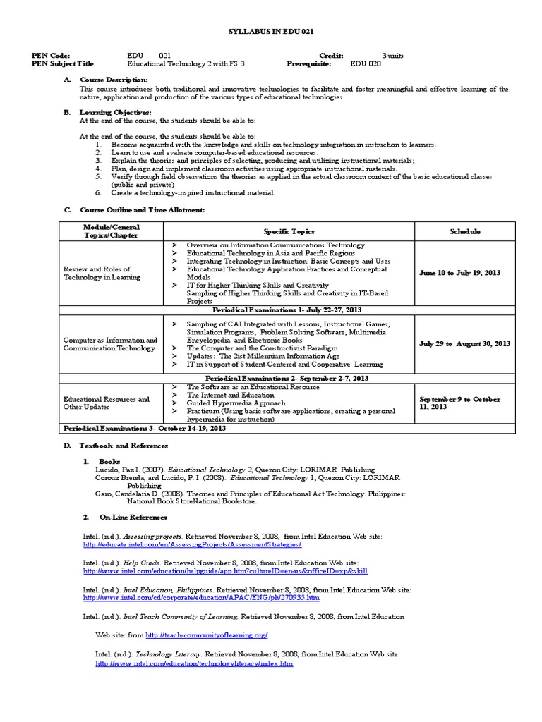 Educational Technology 2 Course Syllabus | PDF | Educational Technology ...