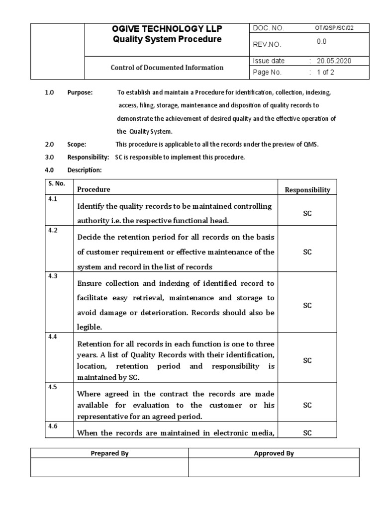 Establishing Procedures for Identifying, Storing, and Retaining Quality ...
