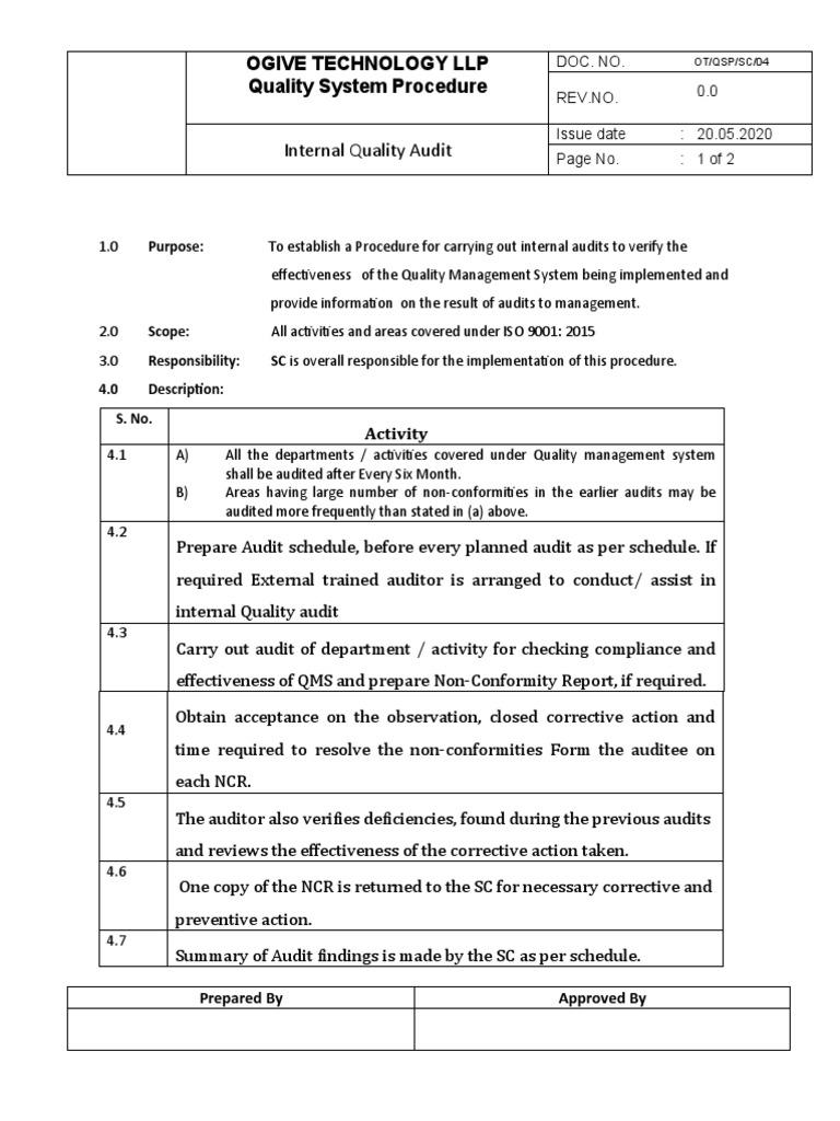 Internal Quality Audit: Ogive Technology LLP Quality System Procedure ...