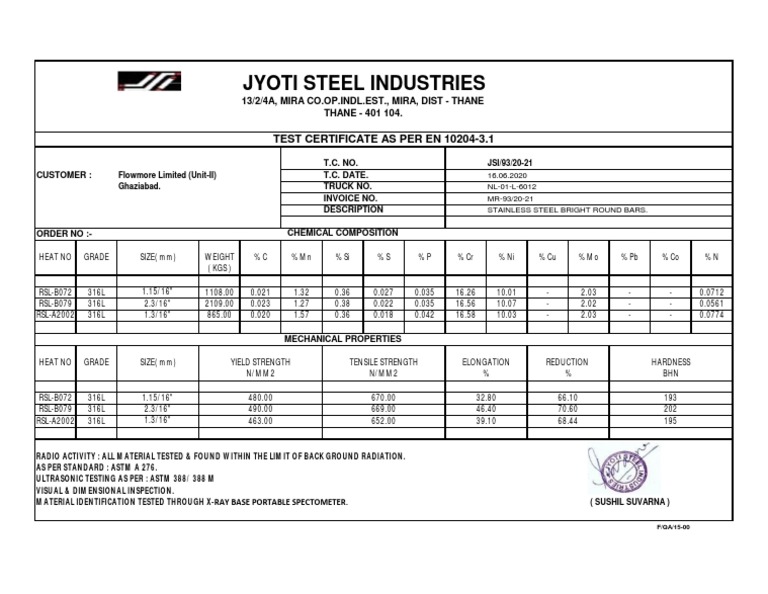 Test Certificate for Stainless Steel Bright Round Bars Detailing Heat ...