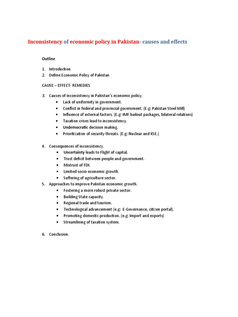 Inconsistency Economic Policy in Pakistan: of - Causes and Effects | PDF