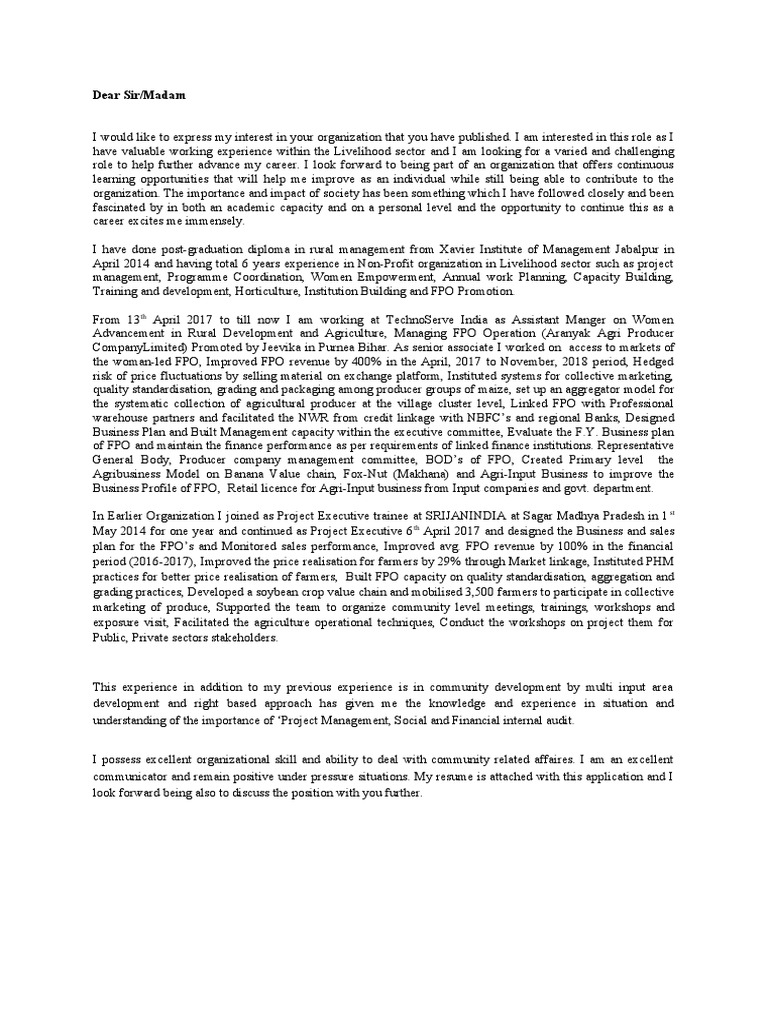 Cover Letter | PDF | Business | Agriculture