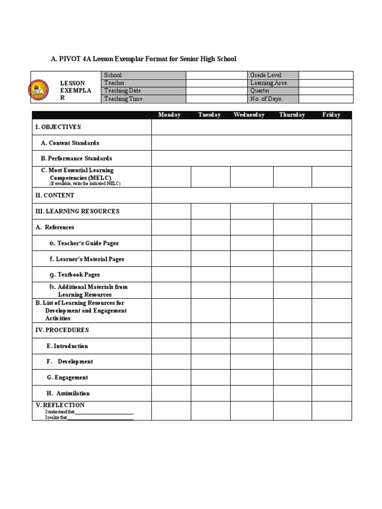 A. PIVOT 4A Lesson Exemplar Format For Senior High School | PDF