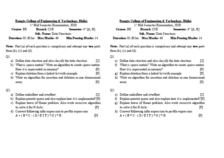 Mid 1 DATA STRUCTURE CSE4 A AND B | PDF | Matrix (Mathematics) | Queue ...