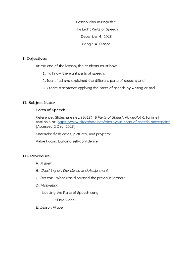 Parts of Speech Lesson Plan | PDF | Part Of Speech | Adverb