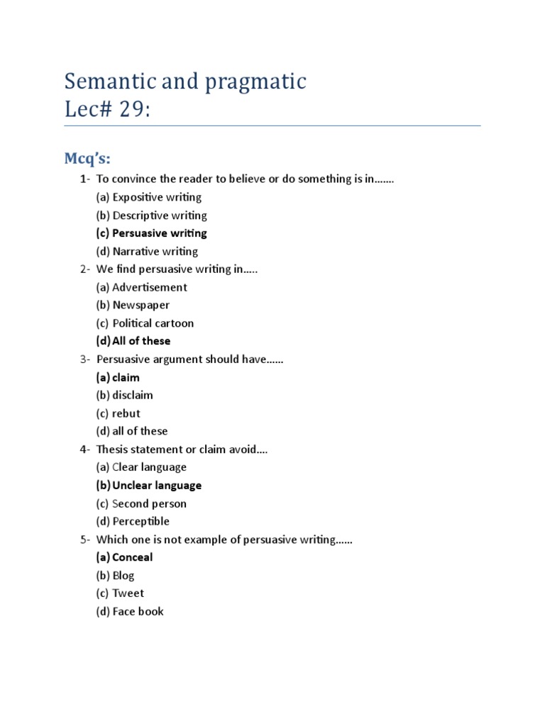 Semantic and Pragmatic Lec# 29:: Mcq's | PDF