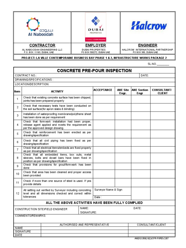 Concrete Pre-Pour Inspection: Contractor Employer Engineer | PDF ...