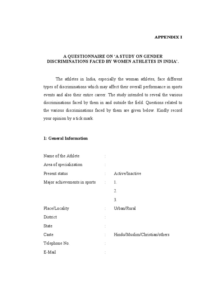 A Questionnaire On A Study On Gender Discriminations Faced by Women ...