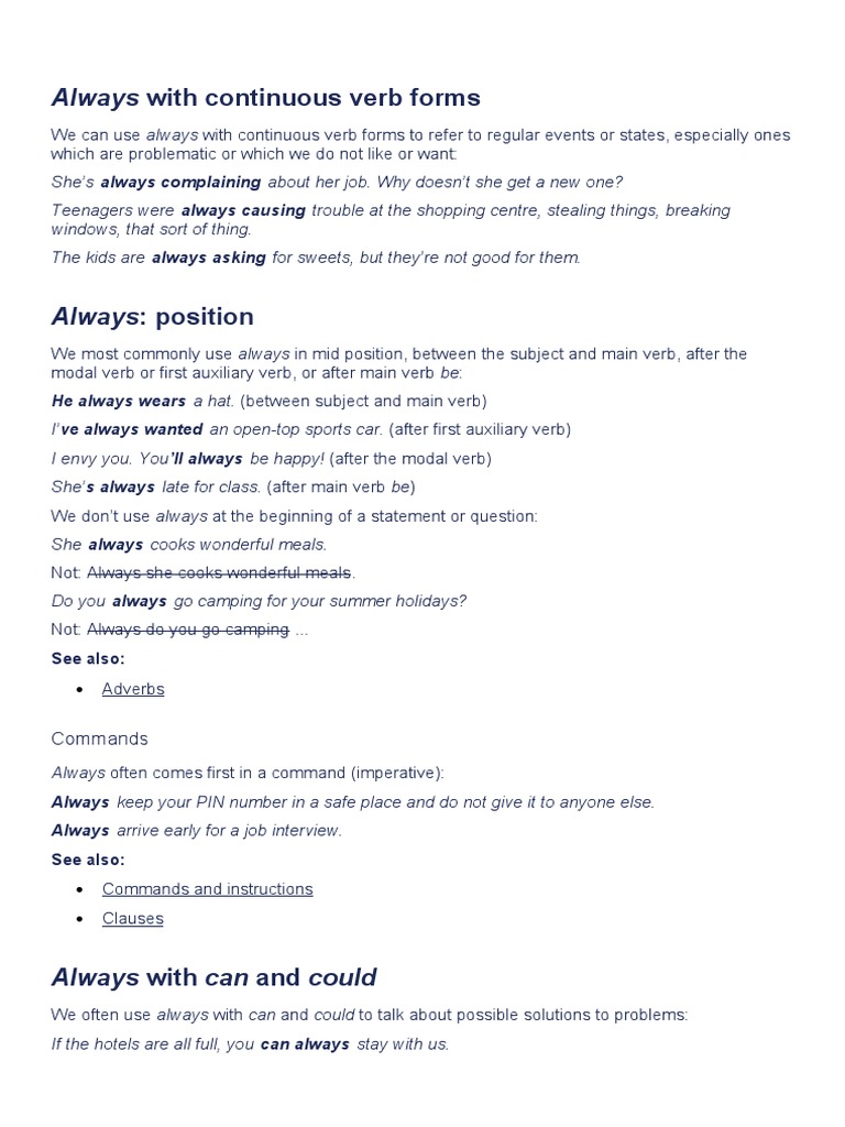 Always With Continuous Verb Forms: He Always Wears A Hat. (Between ...