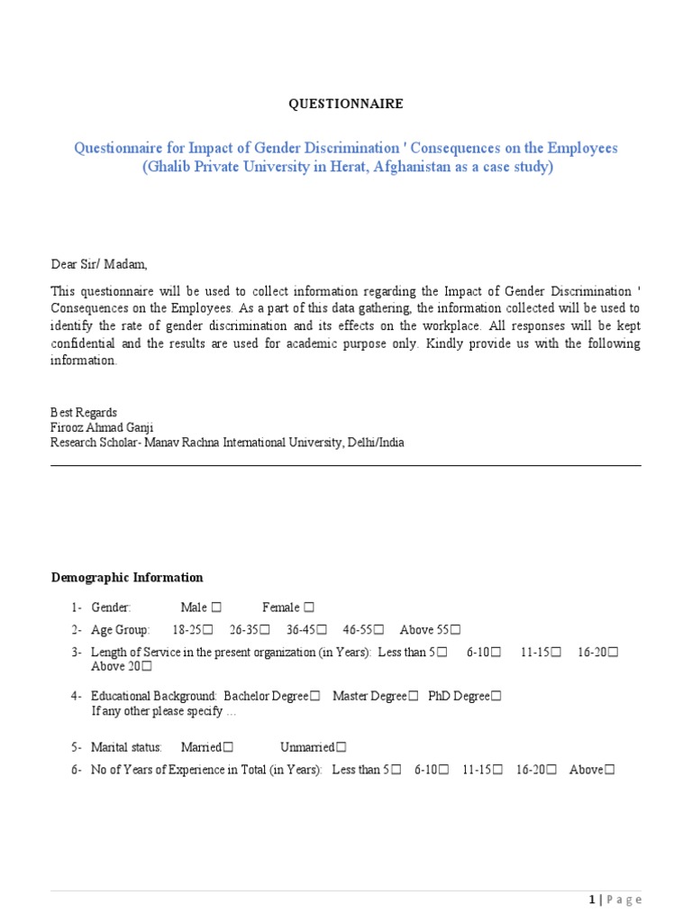 Questionnaire For Impact of Gender Discrimination ' Consequences On The ...