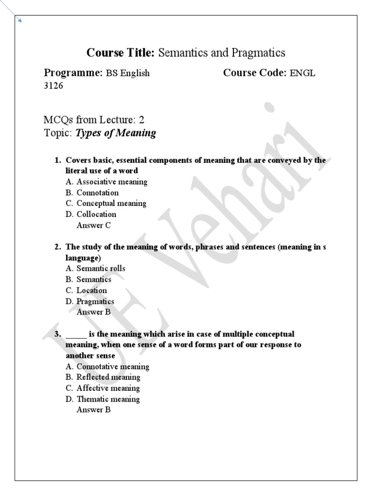 MCQs Semantics and Pragmatics (Compiled) | PDF | Language Mechanics ...