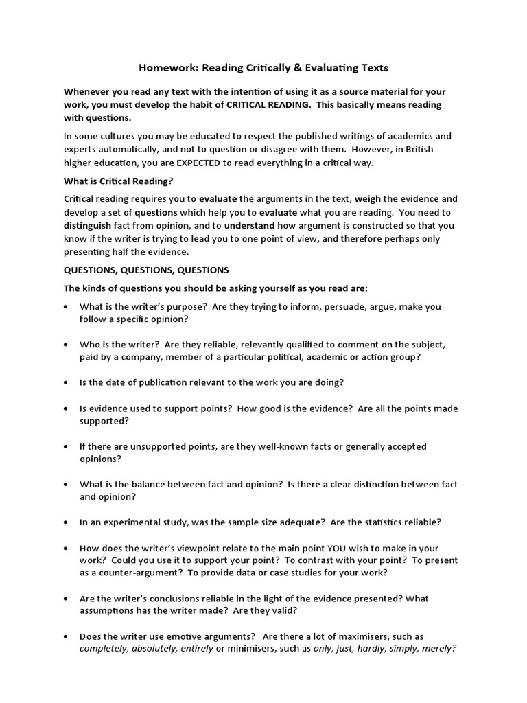 Homework - Reading Critically & Evaluating Texts | PDF | Rat | Opinion