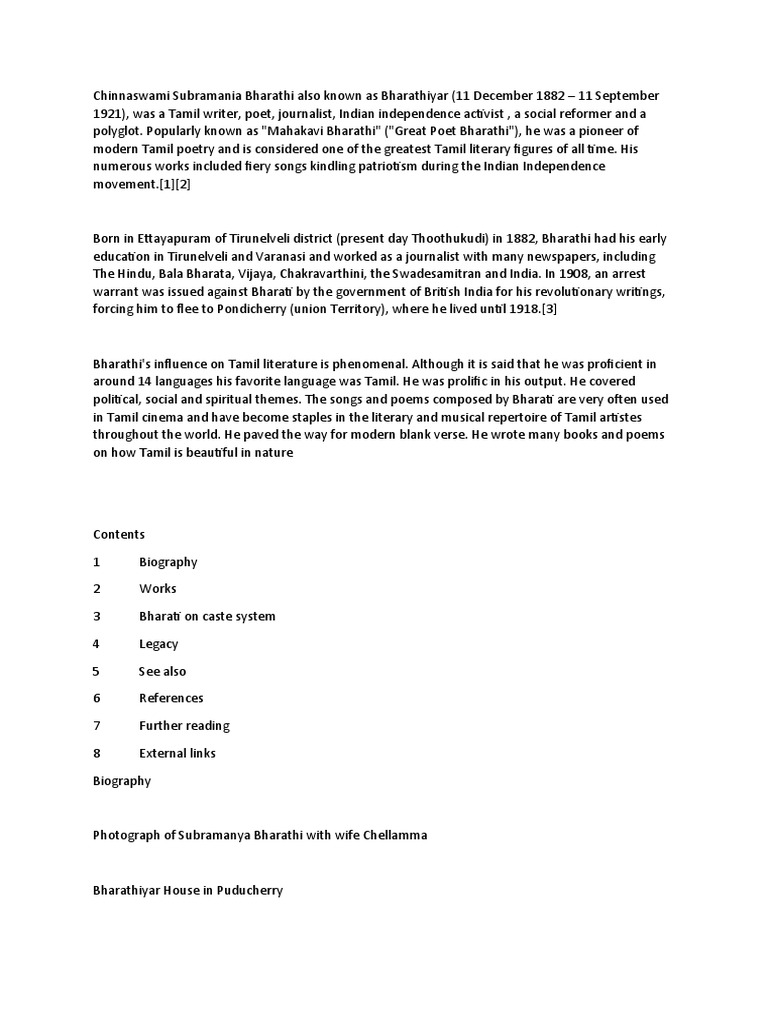 Chinnaswami Subramania Bharathi Also Known As Bharathiyar | PDF ...