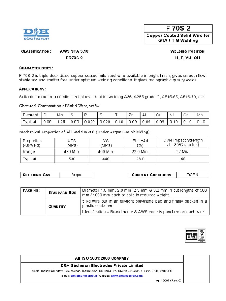 Chemical Composition of Solid Wire, WT.%:: C: AWS SFA 5.18 W P ER70S-2 H, F, Vu, Oh C | PDF ...