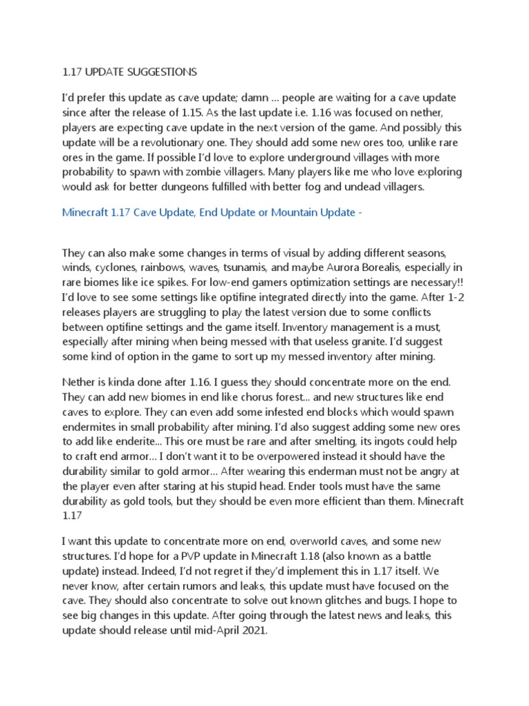 Minecraft 1.17 Cave Update, End Update or Mountain Update | PDF ...