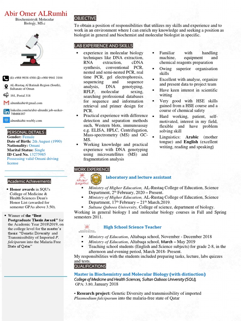 Abir Alrumhi CV July 2020 | PDF | Molecular Biology | Dna Sequencing