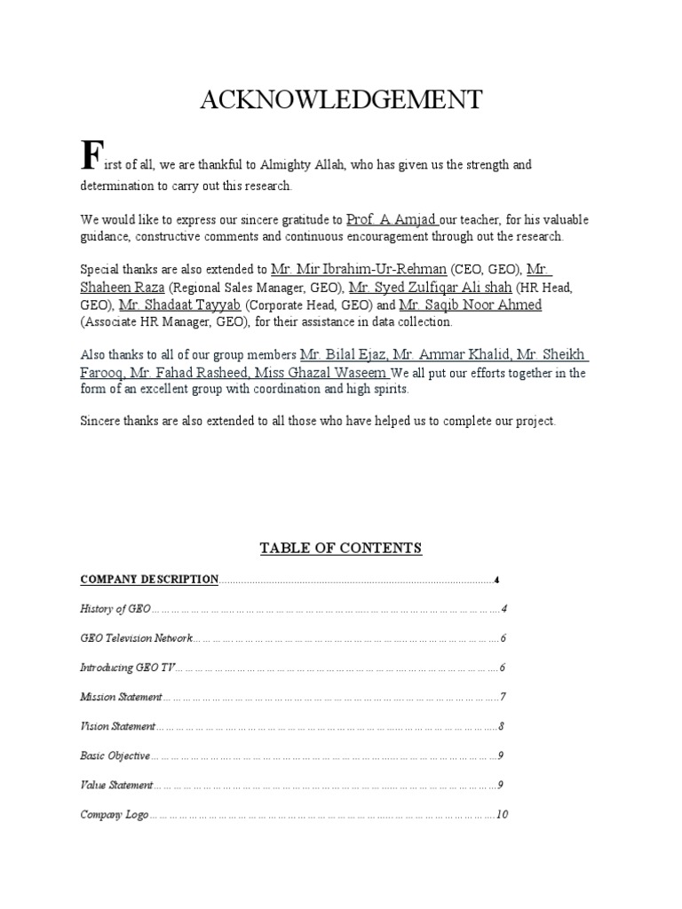 Acknowledgement | PDF | Leadership | Human Resource Management