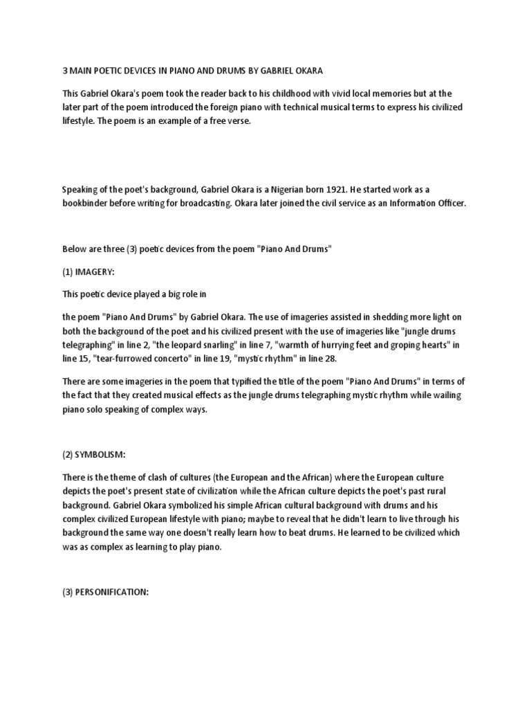 3 Main Poetic Devices in Piano and Drums by Gabriel Okara | PDF | Poetry