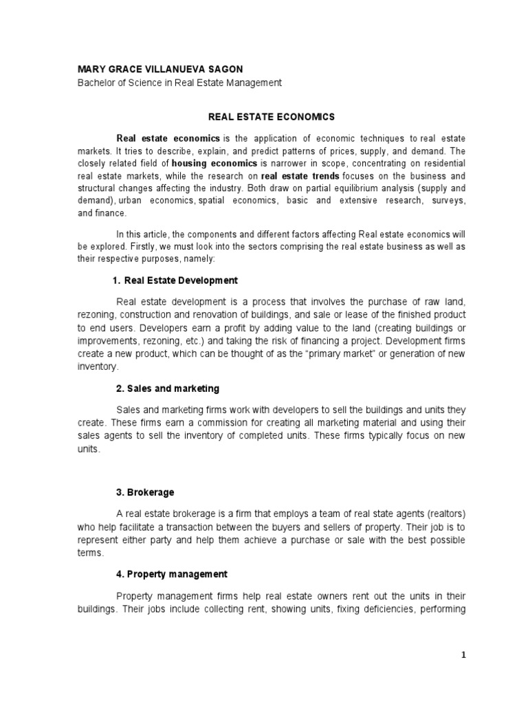 REAL ESTATE ECONOMICS-Grace - Essay | PDF | Real Estate Broker ...