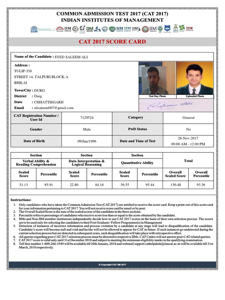 Cat 2017 Score Card: Common Admission Test 2017 (Cat 2017) Indian ...