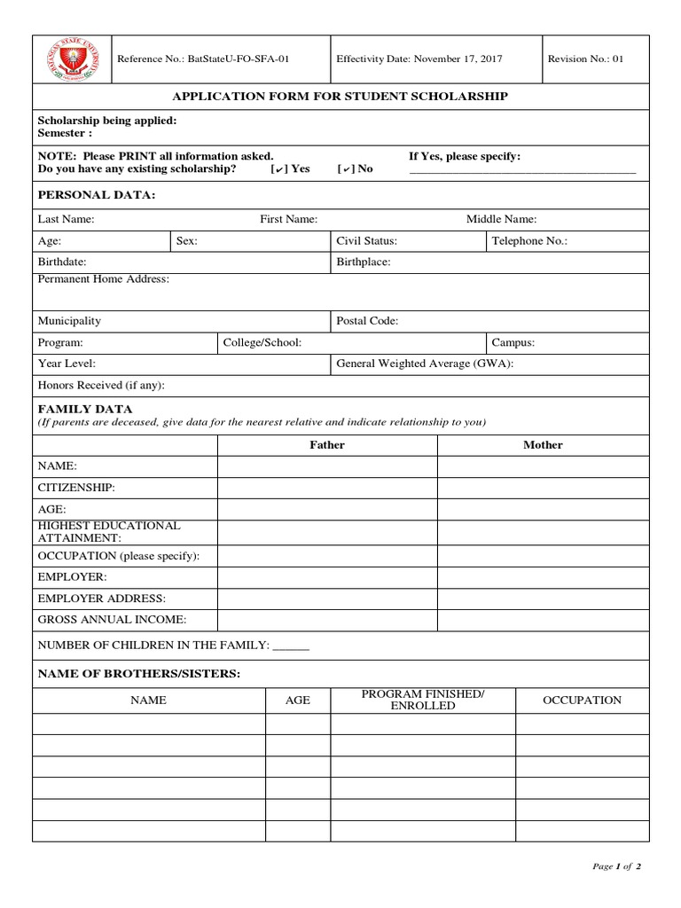 BatStateU FO SFA 01 - Application Form For Student Scholarship - Rev 01 ...
