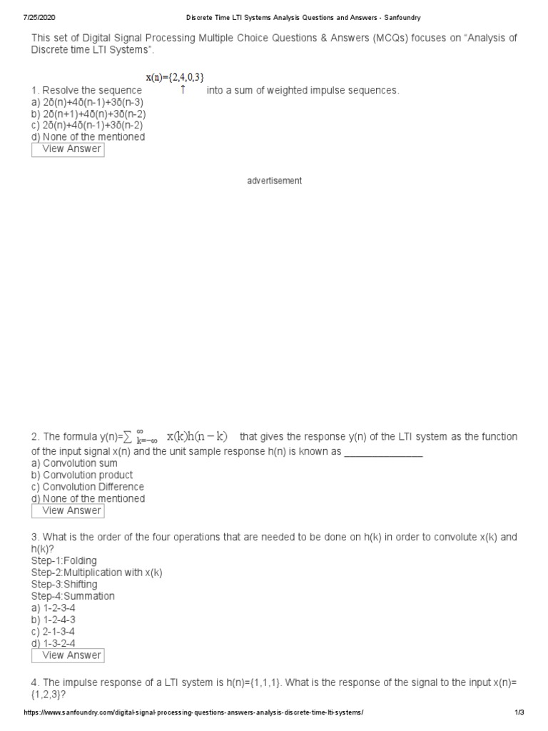 Discrete Time LTI Systems Analysis Questions and Answers 1 - Sanfoundry | PDF | Convolution ...