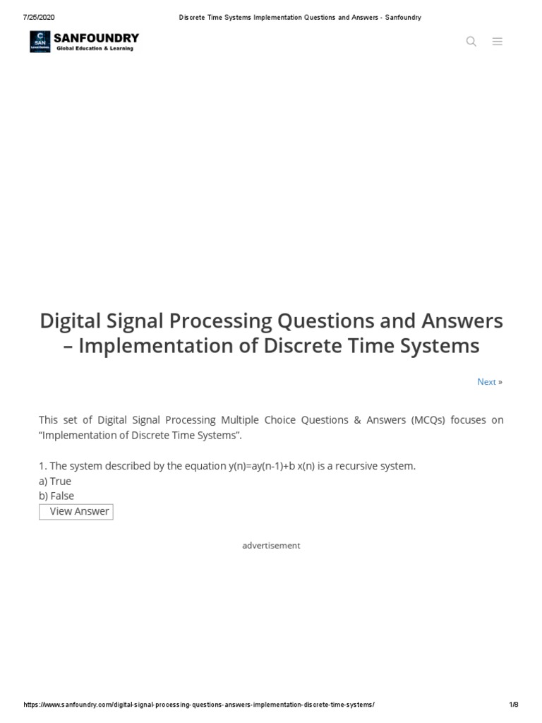 Discrete Time Systems Implementation Questions and Answers - Sanfoundry | PDF | Digital Signal ...