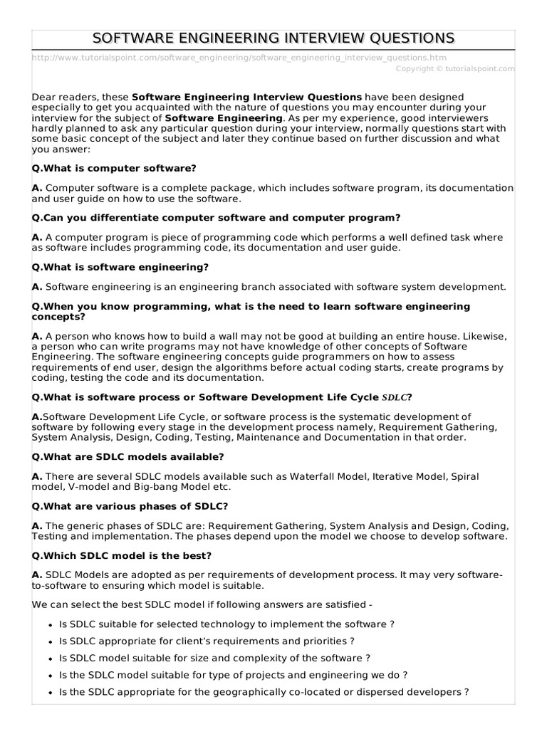 Software Engineering Interview Questions PDF | PDF | Software Development Process | Computer ...
