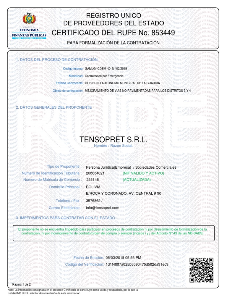 Certificado Rupe 1740223 | PDF | Business