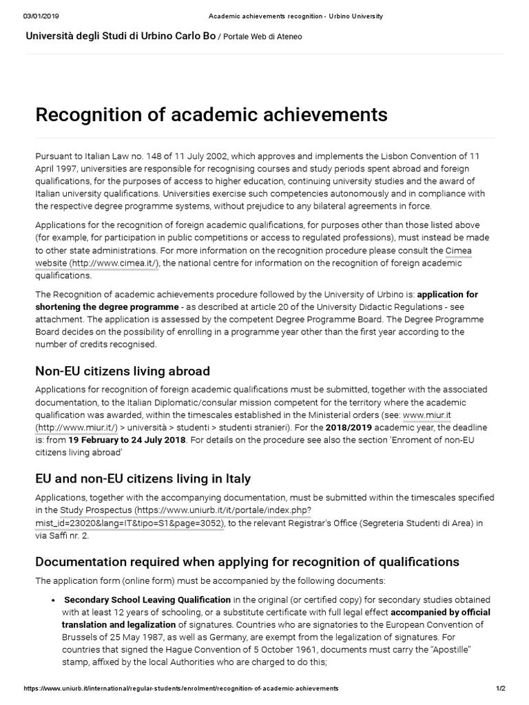 Academic Achievements Recognition - Urbino University | PDF | Academic ...