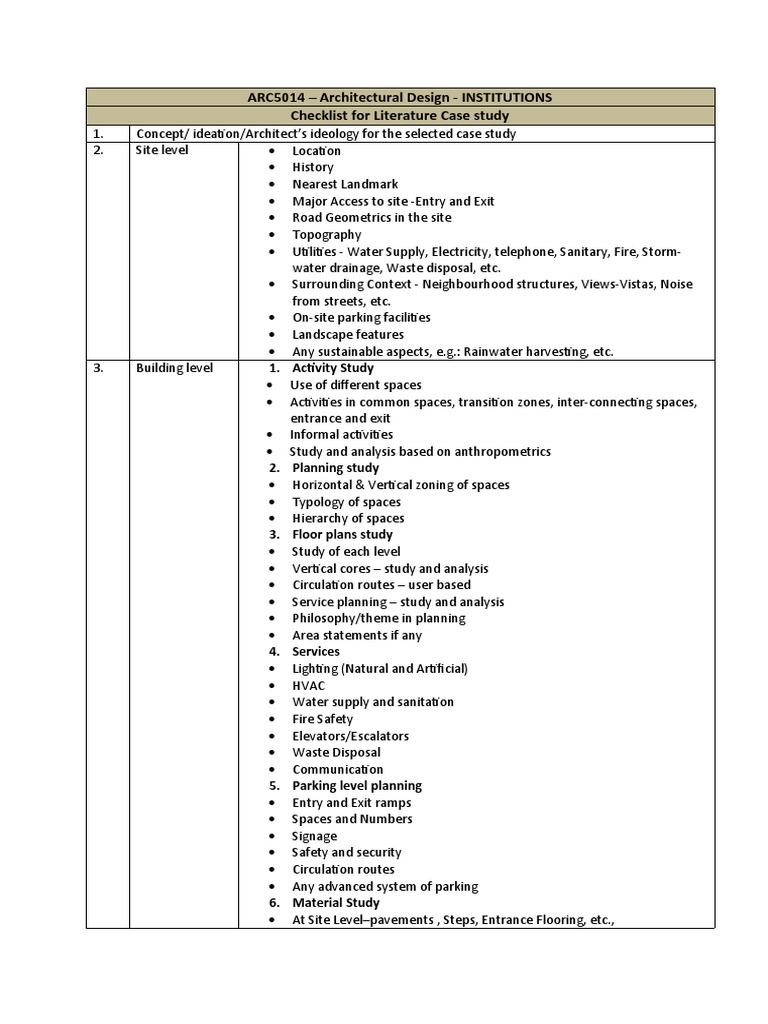 Checklist For Literature Case Study - Architectural Design ...