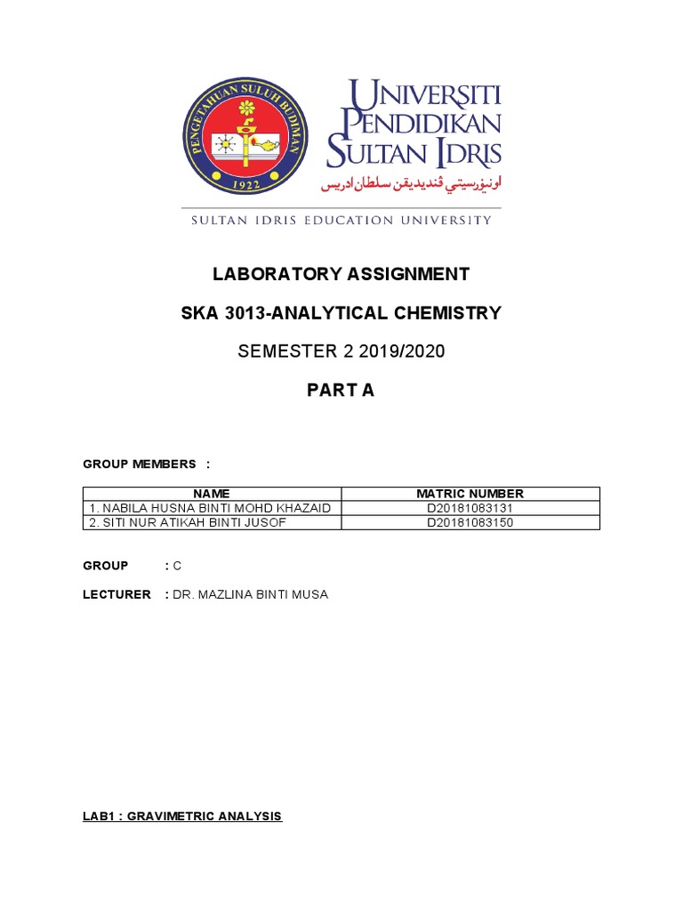 Laboratory Assignment Ska 3013-Analytical Chemistry: SEMESTER 2 2019/ ...