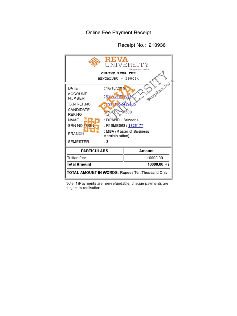Reva Online Fee Payment Receipt | PDF