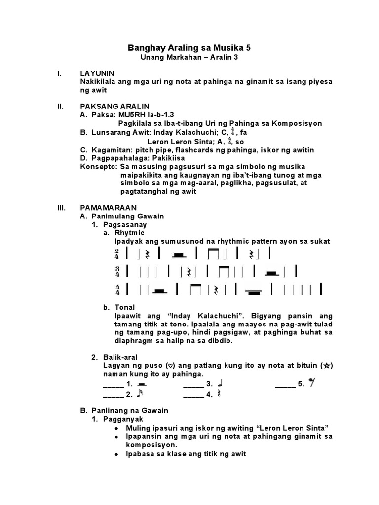 Nakikilala Ang Mga Nota at Pahinga Na Ginamit Sa Isang Piyesa NG Awit | PDF
