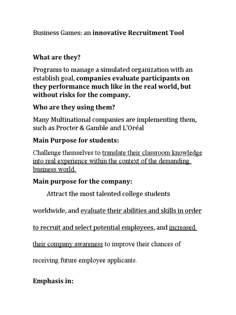 Innovative Business Games for Recruitment | PDF