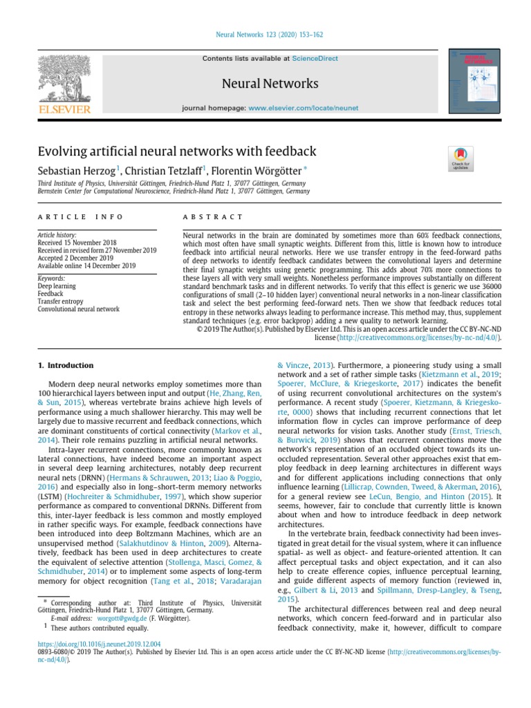 Evolving Artificial Neural Networks With Feedback - 2020 - Neural ...
