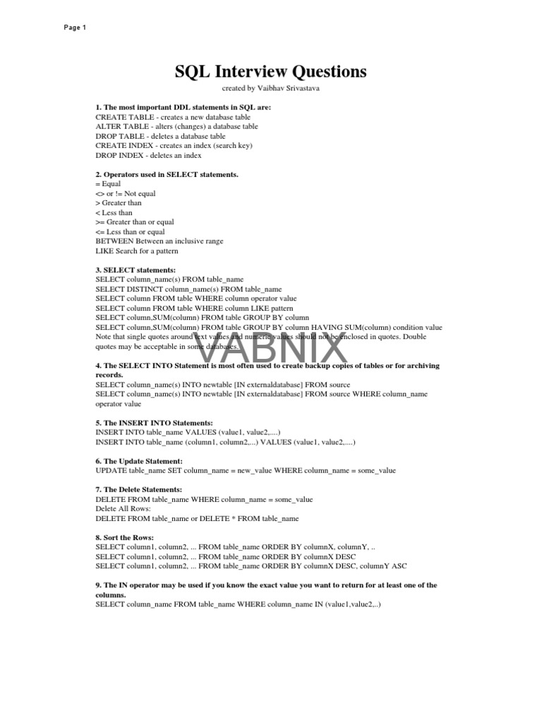 Sql Interview Questions Pdf Pl Sql Database Index