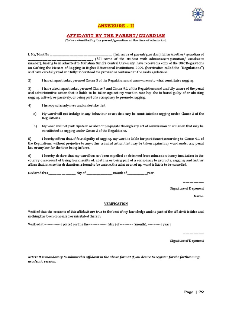 Annexure - Ii Affidavit by The Parent/Guardian | PDF | Affidavit | Criminal Law