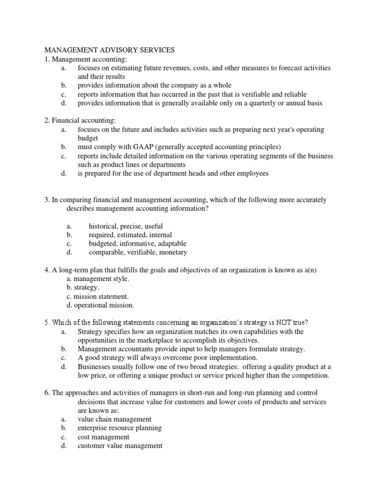 MANAGEMENT ADVISORY SERVICE Exam | PDF | Management Accounting | Dividend