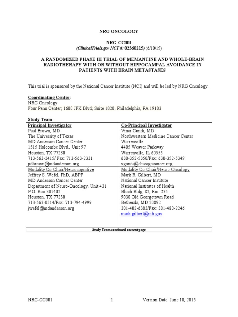 NRG-CC001 AA Protocol pv061015 | PDF | Brain Tumor | Nmda Receptor