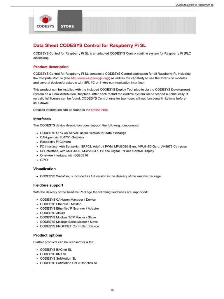 Data Sheet CODESYS Control For Raspberry Pi SL: Product Description ...