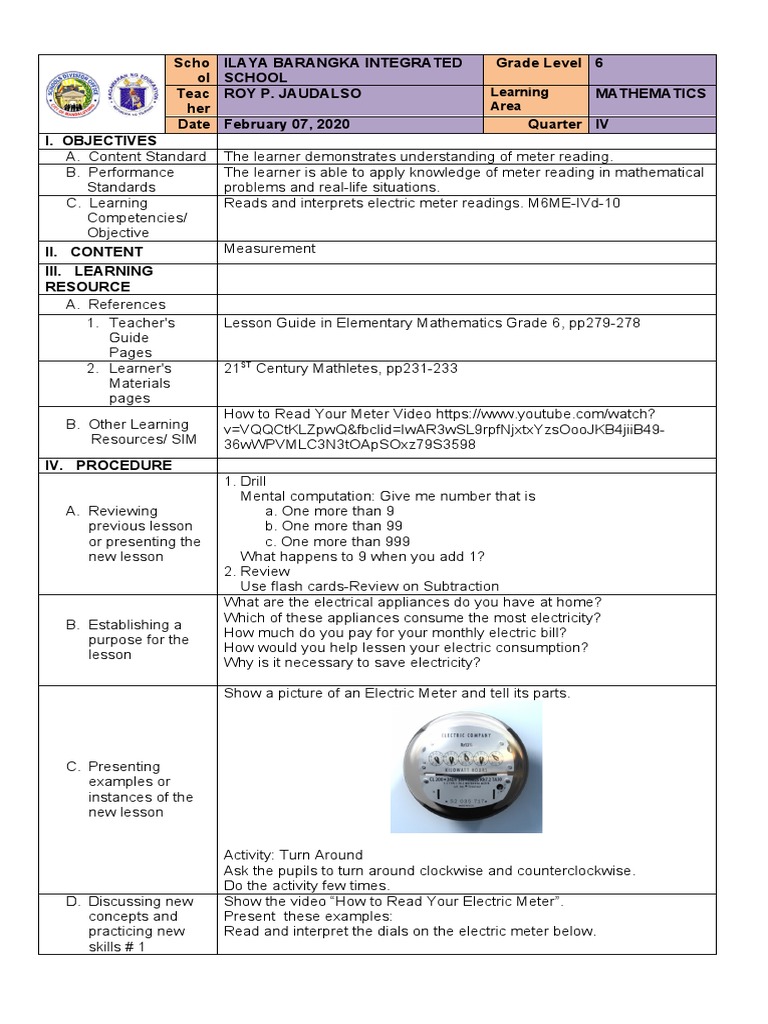 LESSON PLAN COT 4 - Meter Reading | PDF | Kilowatt Hour | Learning
