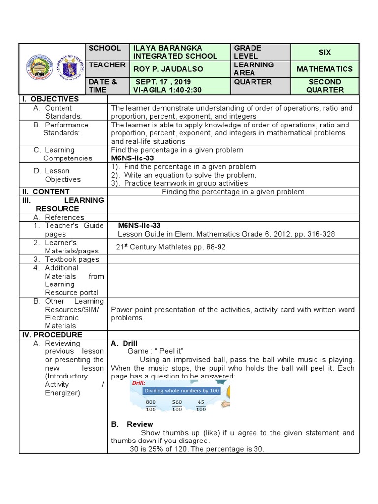 Lesson Plan Cot 2 - Finding The Percentage | PDF | Percentage | Species