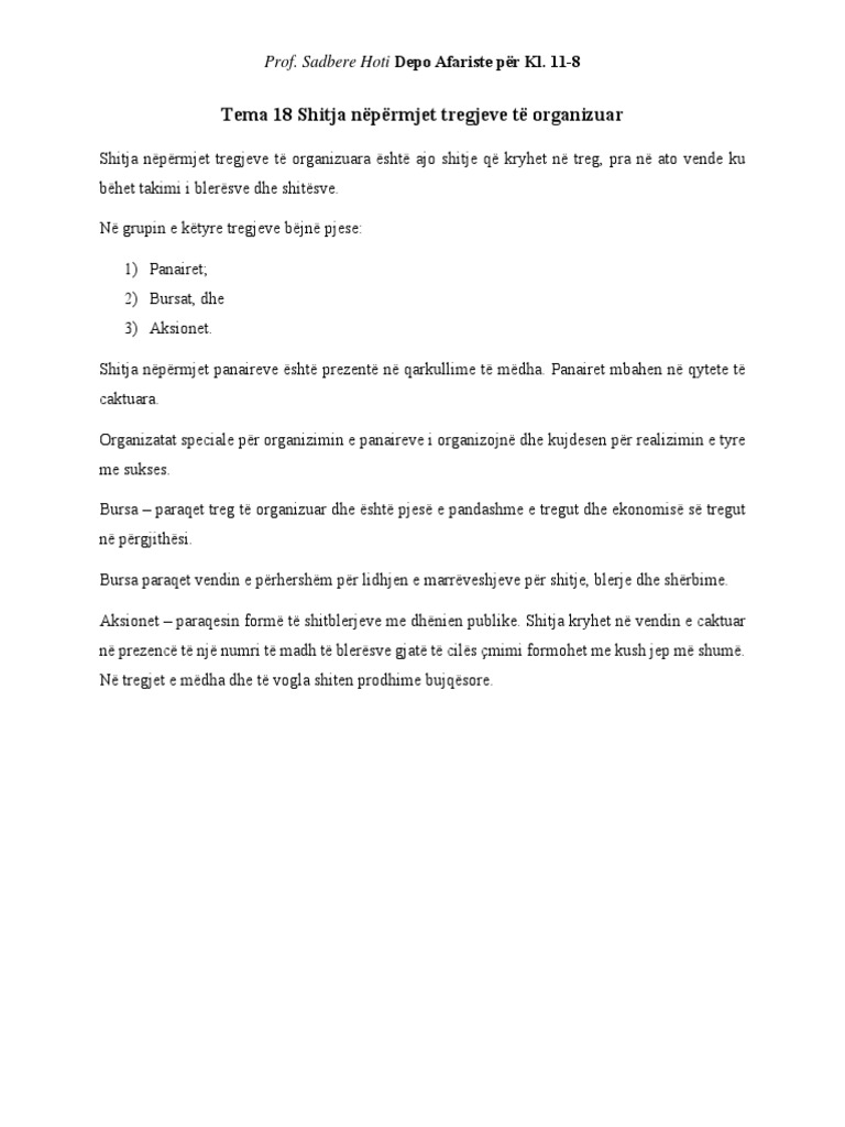 Tema 18 Shitja Nëpërmjet Tregjeve Të Organizuar - Depo Afarsite kl.11 | PDF
